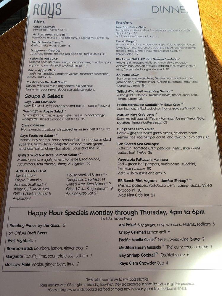Menu at Ray's Boathouse restaurant, Seattle
