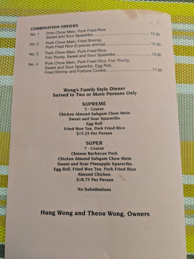 Menu at Wong's Chinese Kitchen restaurant, Helena