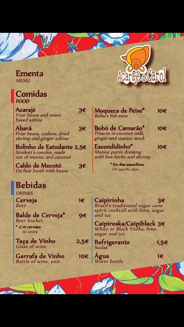 Menu em Acarajé da Carol restaurante, Lisboa