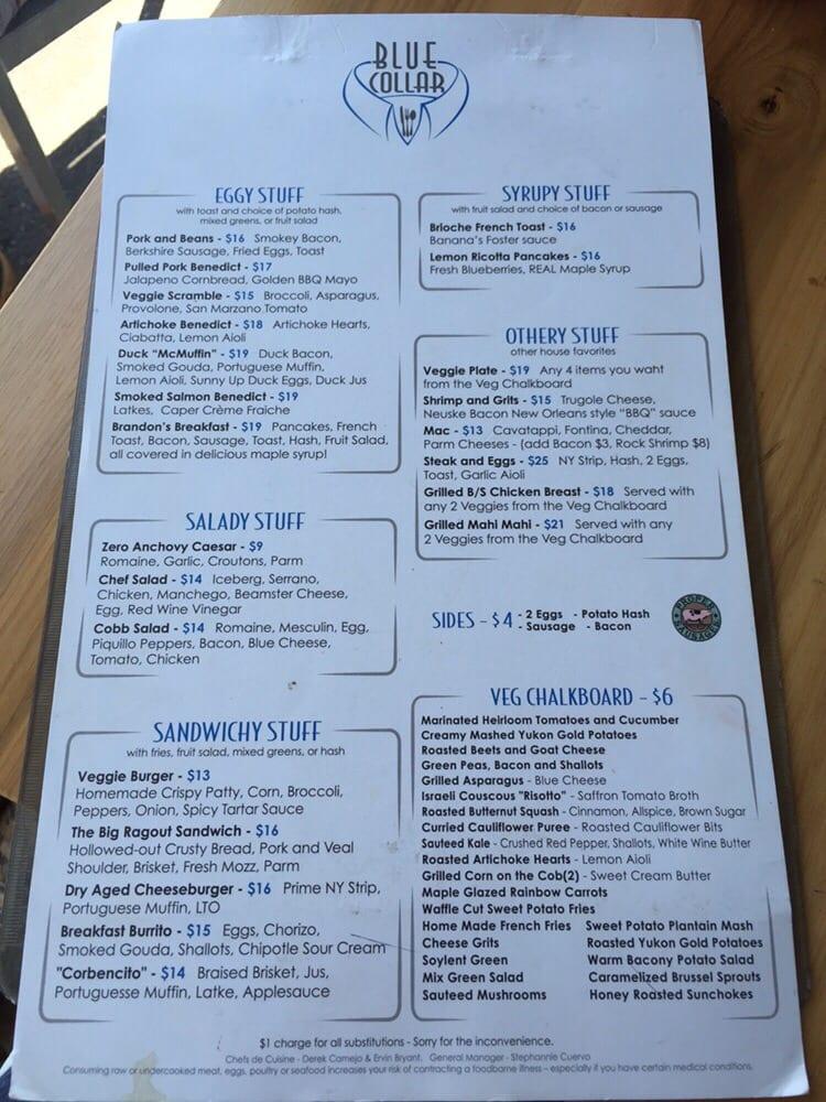 Menu at Blue Collar restaurant, Miami