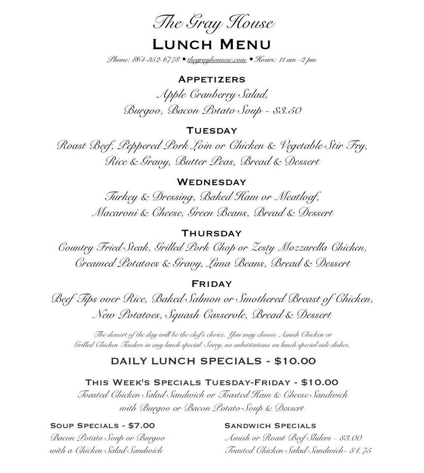 Menu at Gray House restaurant, Starr