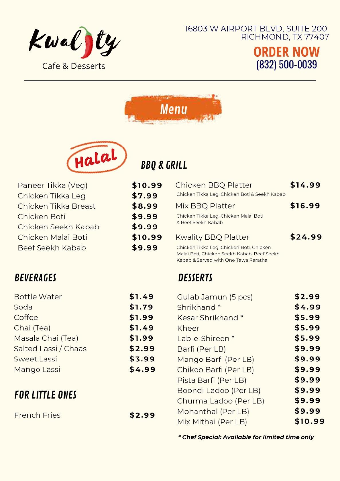 Menu at Kwality Cafe, Mission Bend