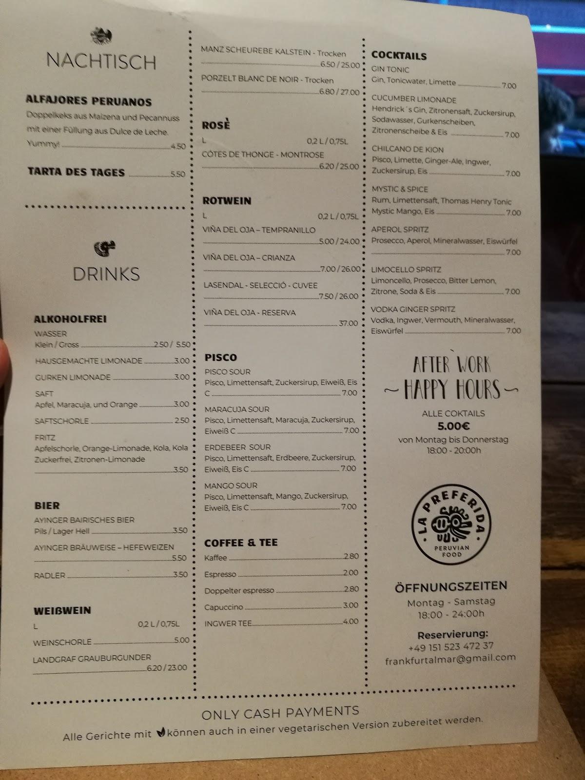 Speisekarte von La Preferida pub & Bar, Frankfurt am Main