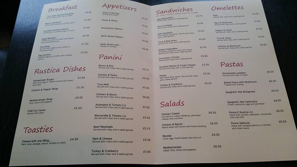 Menu at Rustica cafe, Macclesfield