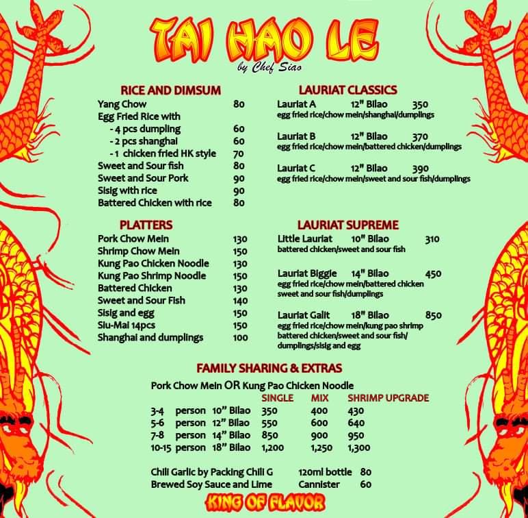 Menu at Tai hao le by chef Siao restaurant, Rodriguez
