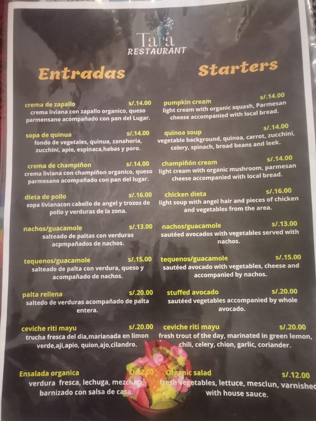 Menu at Tara Restaurant, Ollantaytambo