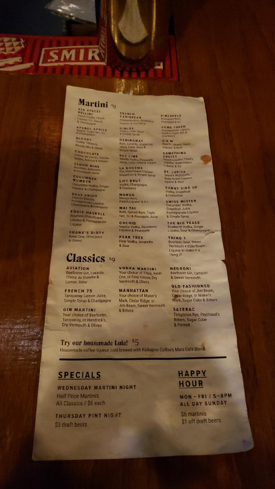Menu at the LiFT pub & bar, Des Moines
