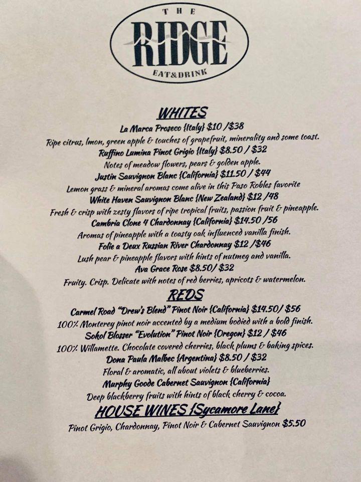 Menu at The Ridge Eat & Drink restaurant, Vestavia Hills