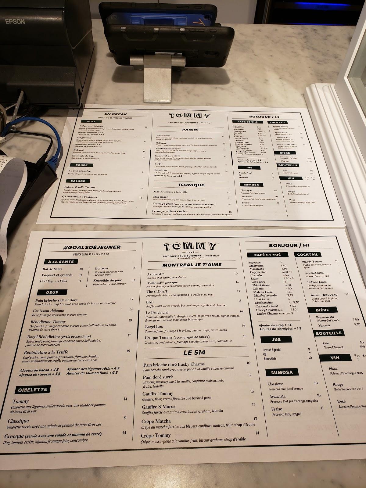 Menu at Tommy Café, Montréal, Mont-Royal Ave E