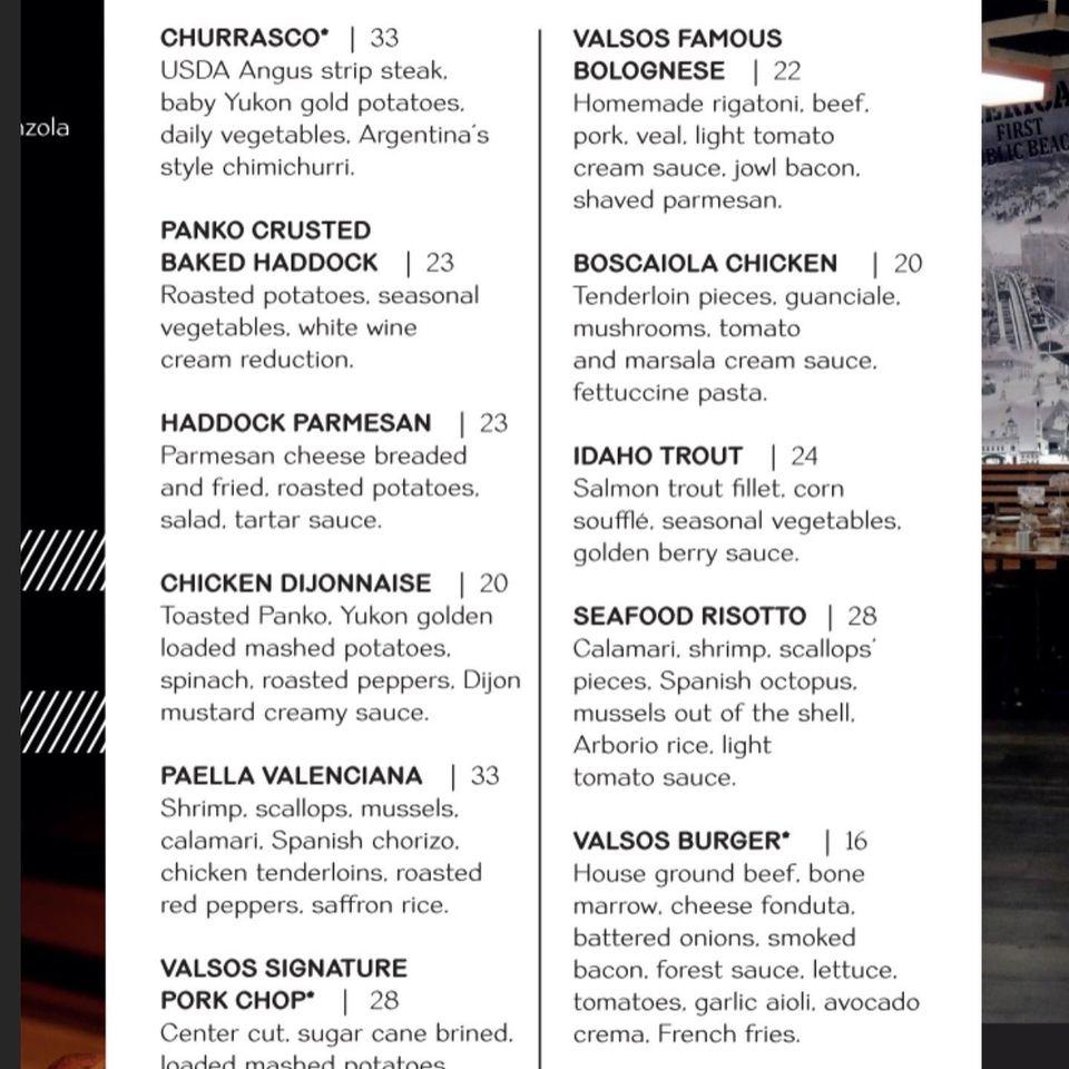 Menu at Valsos Table and Bar, Revere