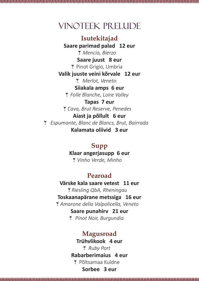 Menu at Vinoteek Restoran Prelude restaurant, Kuressaare