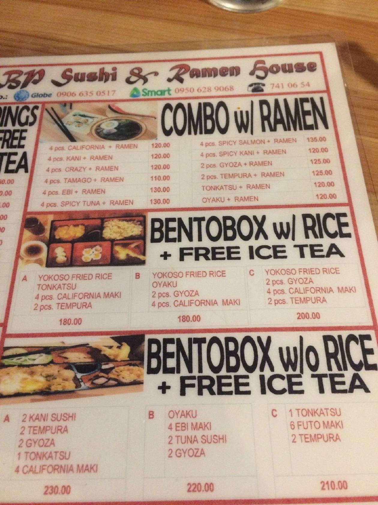 Menu at Yokoso restaurant, Nasugbu