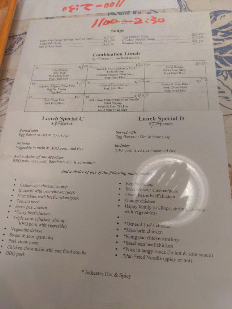 Menu at Eden Gate Chinese Restaurant open 11am-9pm daily lounge open ...