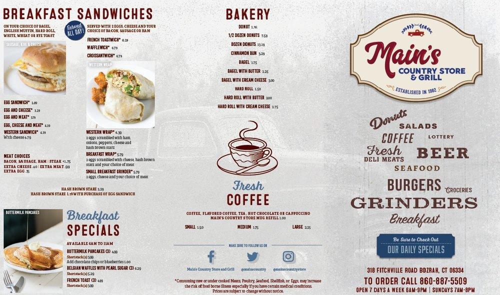 Menu at Main's Country Store and Grill restaurant, Bozrah