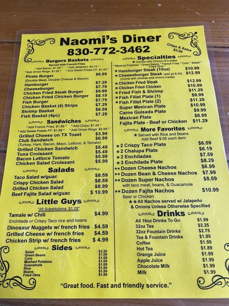 Menu at Naomi's Diner restaurant, Lytle, Main St #100