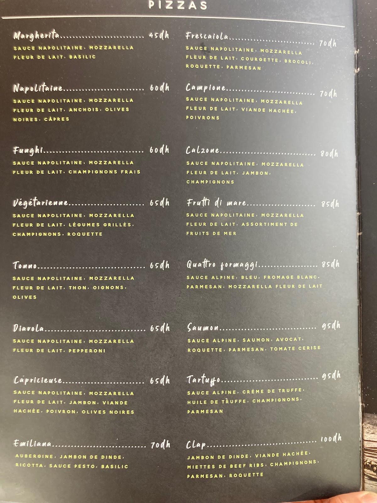 Menu au CLAP Restaurant, Casablanca