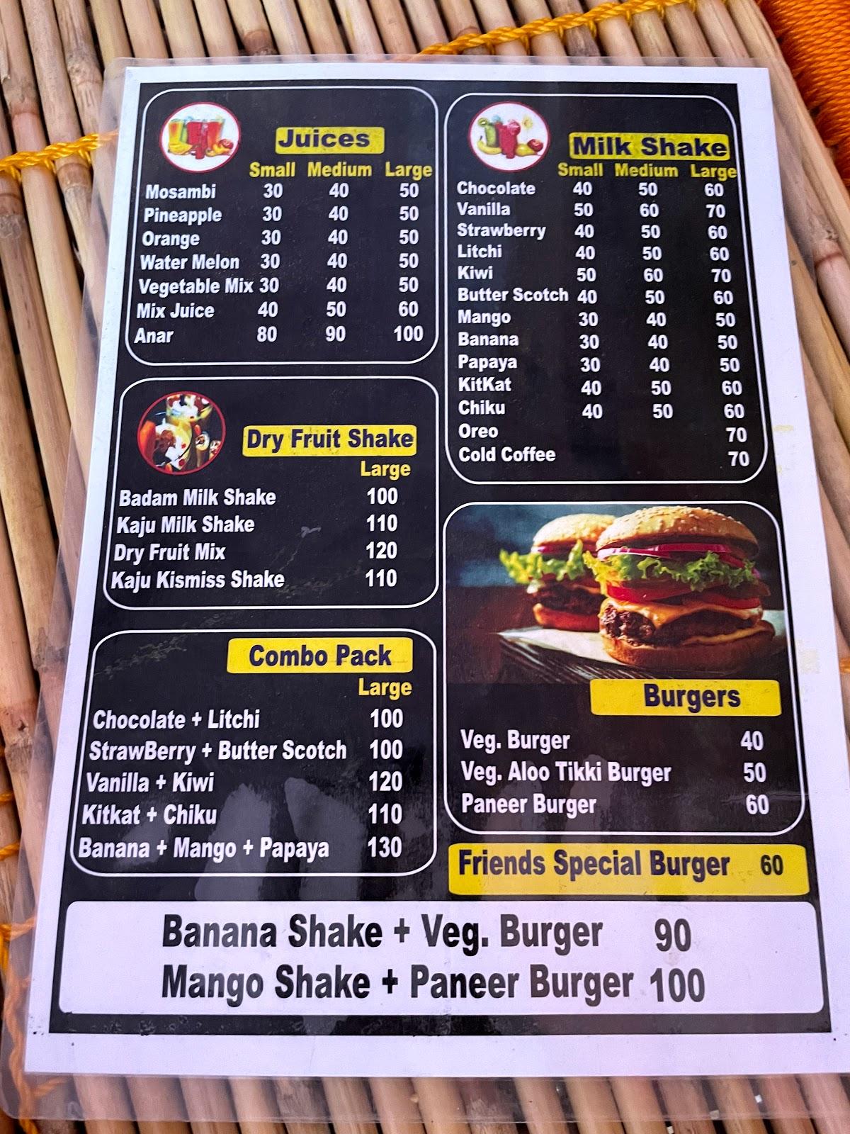 Menu at Friends juice corner, India