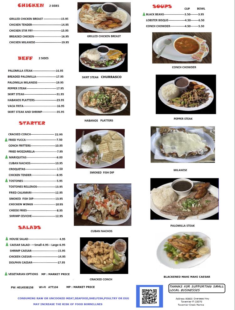 Menu at Habanos On The Creek restaurant, Tavernier