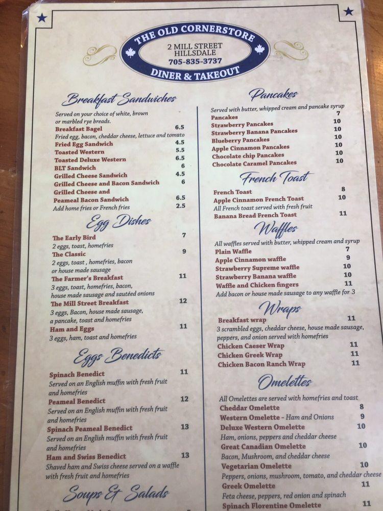 Menu at Hillsdale Old Corner Store pizzeria, Canada