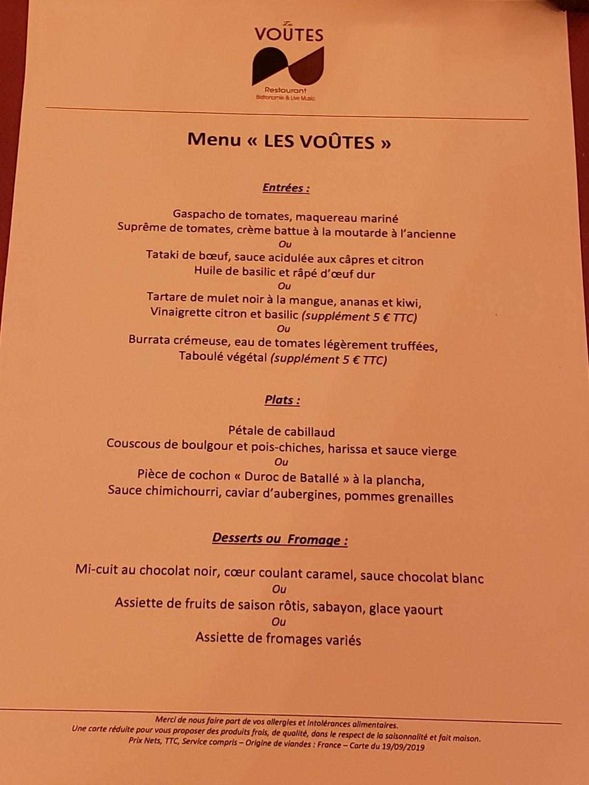 Menu au LES VOÛTES Restaurant & Live Music, Caluire-et-Cuire, 53Bis ...
