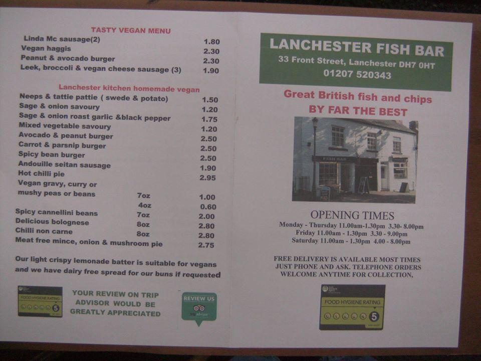 Menu at Lanchester Fish Bar, Burnhope