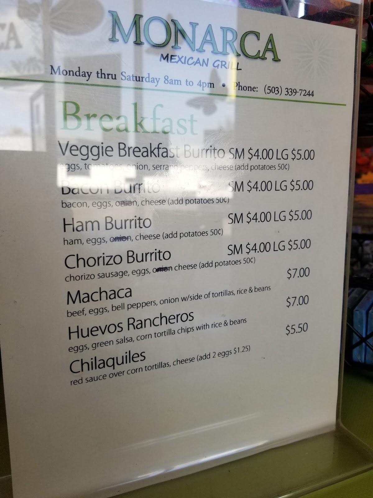 Menu at Monarca Mexican Grill restaurant, Salem