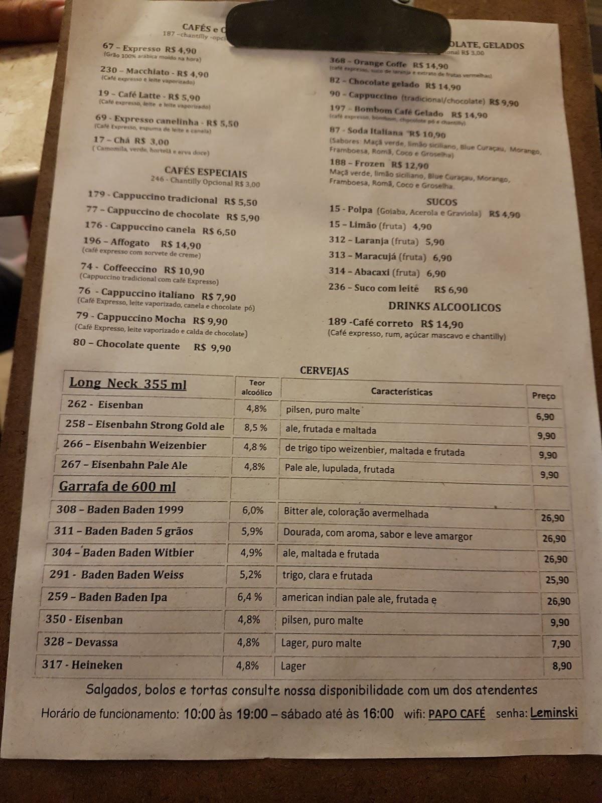 Menu em Livraria e Cafeteria Papo Café, Teófilo Otoni