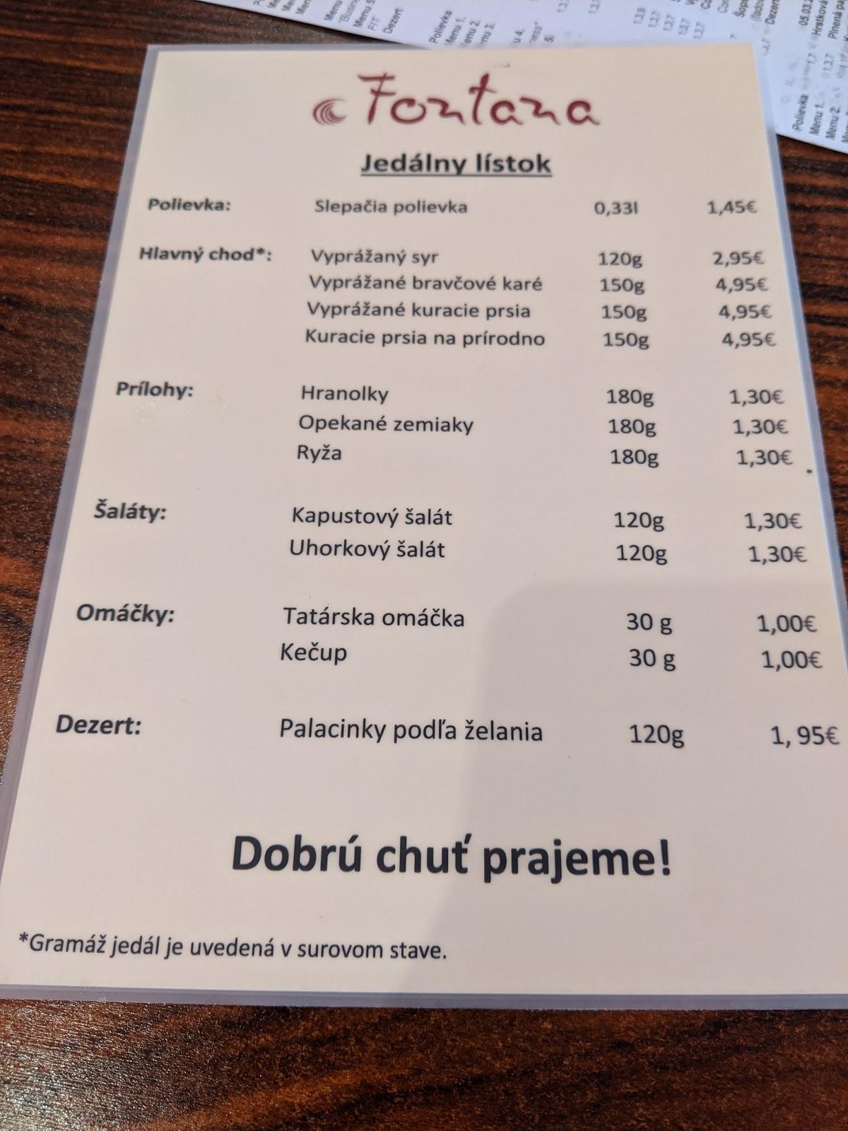 Carta del restaurante Reštaurácia Fontána, Dunajská Streda