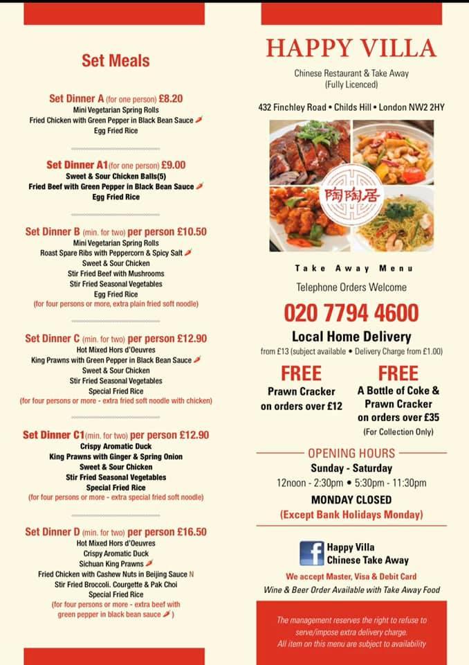 Menu at Happy Villa fast food, London, 432 Finchley Rd
