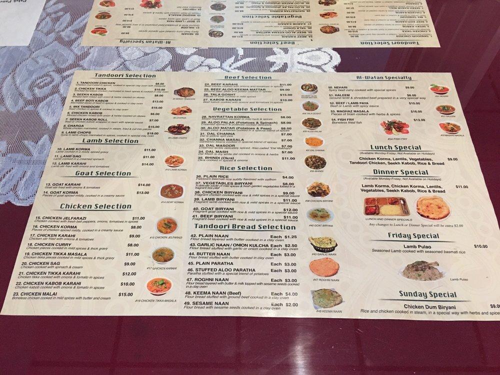 Menu at Al Watan Halal Tandoori Restaurant, Hawthorne