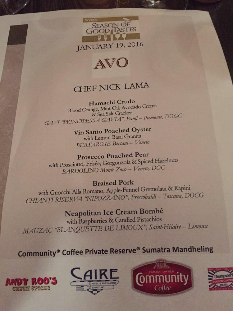 Menu at Avo restaurant, New Orleans