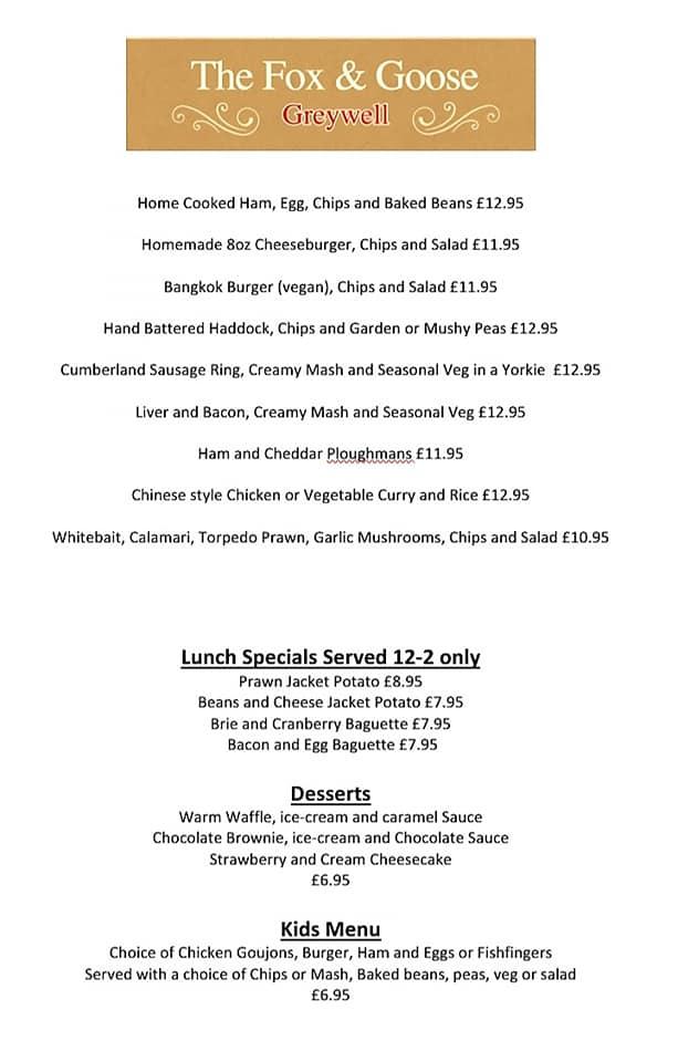 Menu at Fox & Goose pub & bar, Greywell, The St