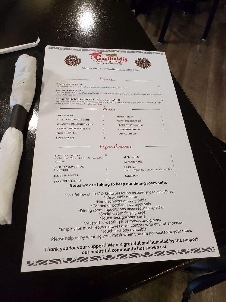 Menu at Garibaldi's Fine Mexican Cuisine restaurant, Davie