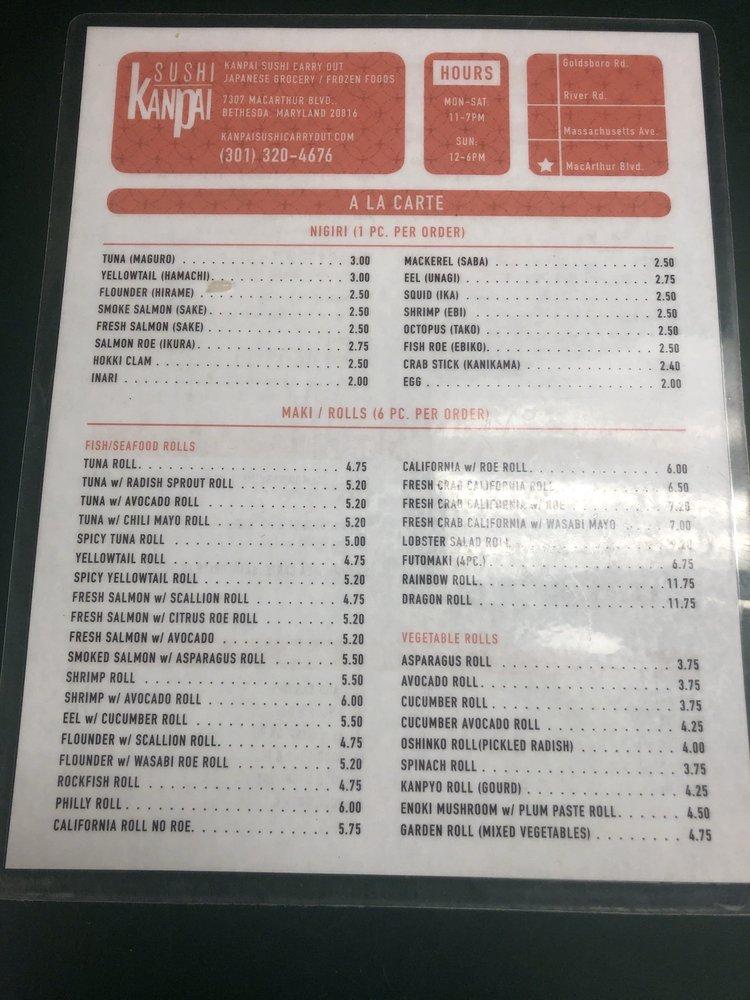 Menu at Kanpai Sushi restaurant, Bethesda