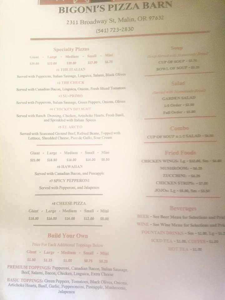 Menu at Bigoni's Pizza Barn, Malin