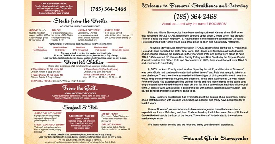Menu at Boomers Grill pub & bar, Holton