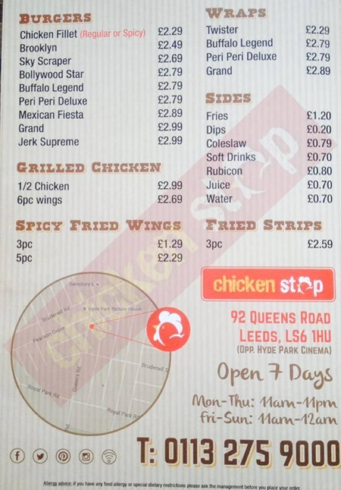 Menu at Chicken Stop fast food, Leeds, 92 Queen's Rd