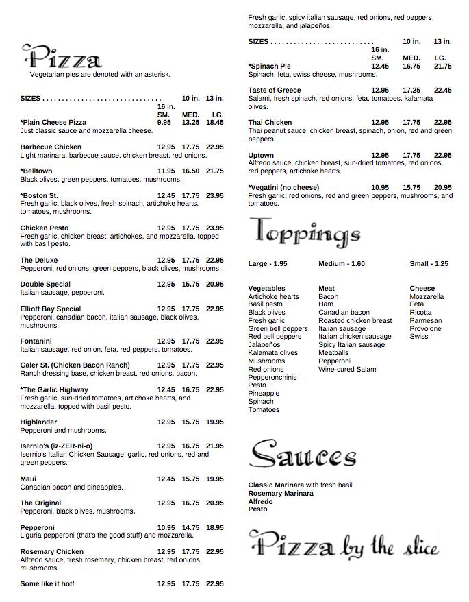 Menu at Elliott Bay Pizza Co. & Flame Burger pizzeria, Seattle, Queen ...