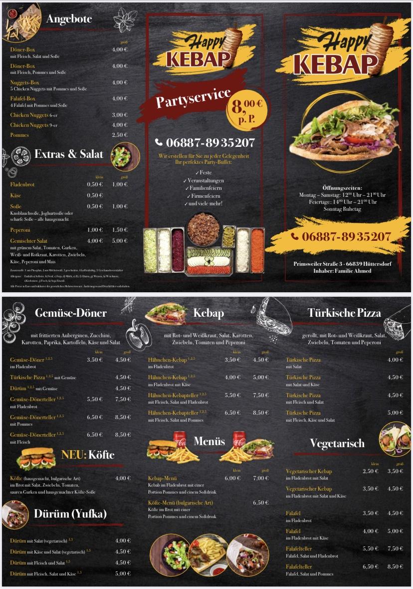 Speisekarte von Happy Kebap restaurant, Schmelz