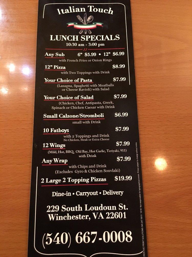 Menu at Italian Touch restaurant, Winchester