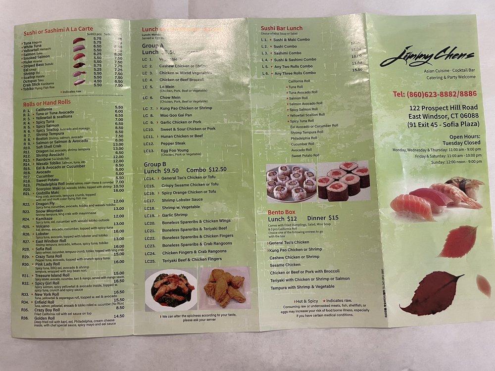 Menu at Jimmy Chen's Asian Cuisine & Cocktail Bar, East Windsor