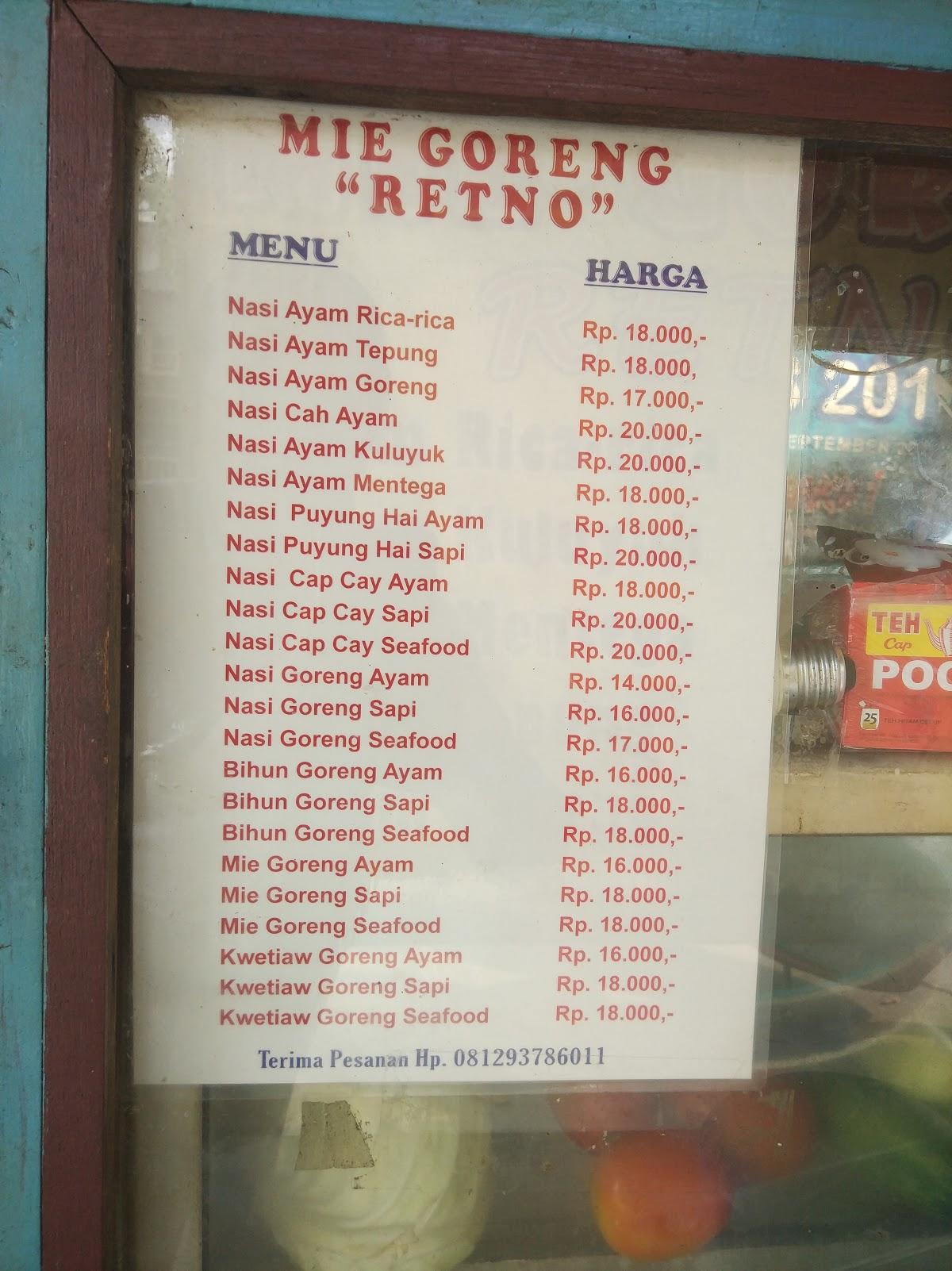 Menu at Mie goreng RETNO restaurant, East Jakarta