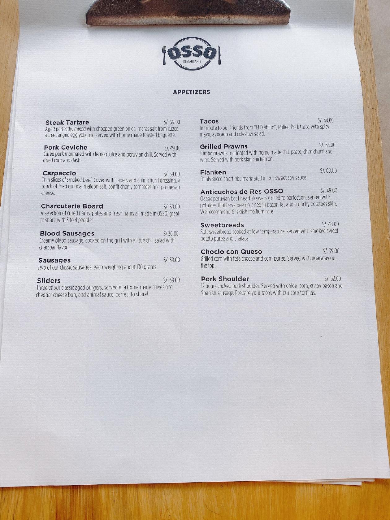 Carta del restaurante OSSO San Isidro, San Isidro