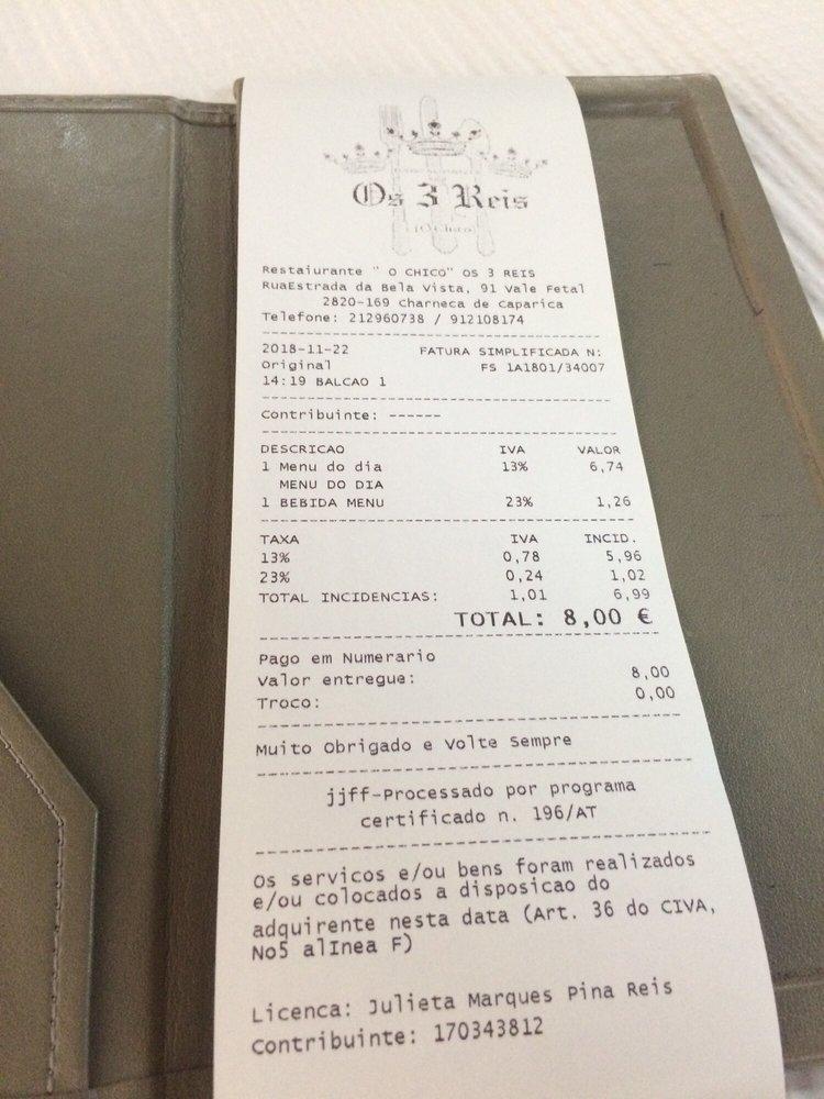 Menu em Os 3 Reis (O Chico) restaurante, Charneca de Caparica