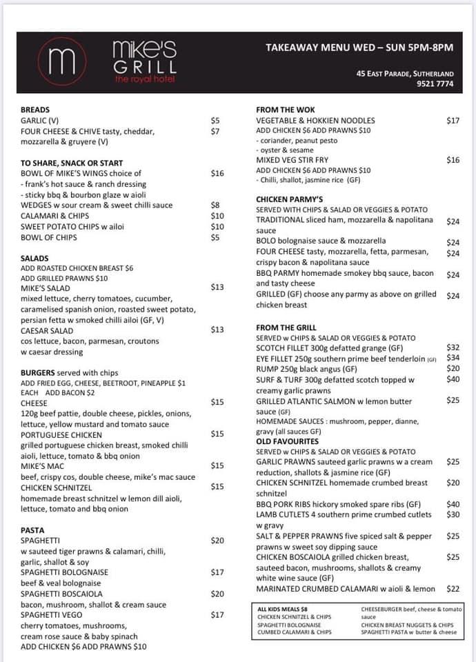 Menu at Royal Hotel Sutherland pub & bar, Sutherland