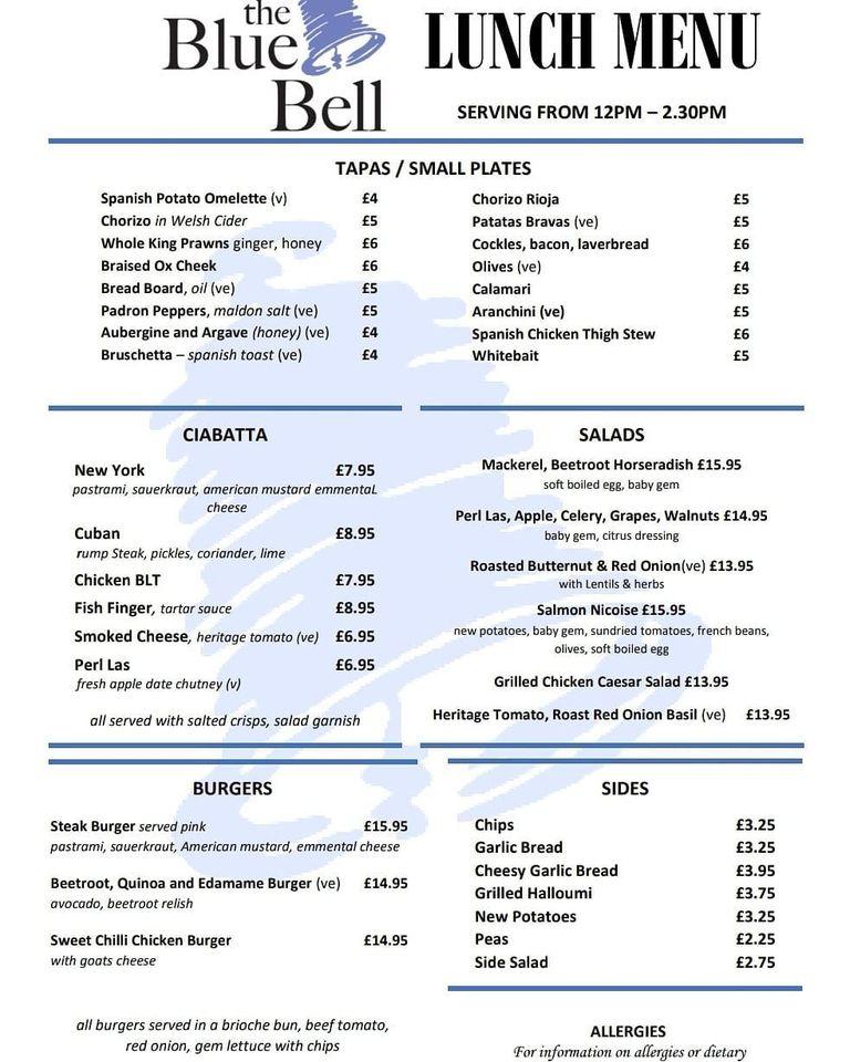 Menu at The Blue Bell Bistro pub & bar, New Quay