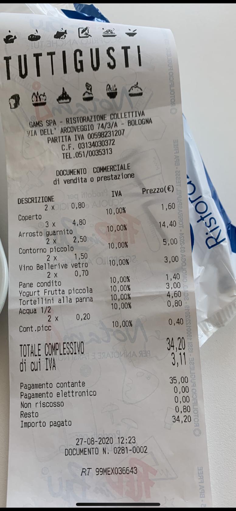 Menu at TuttiGusti Free-Flow restaurant, Bologna