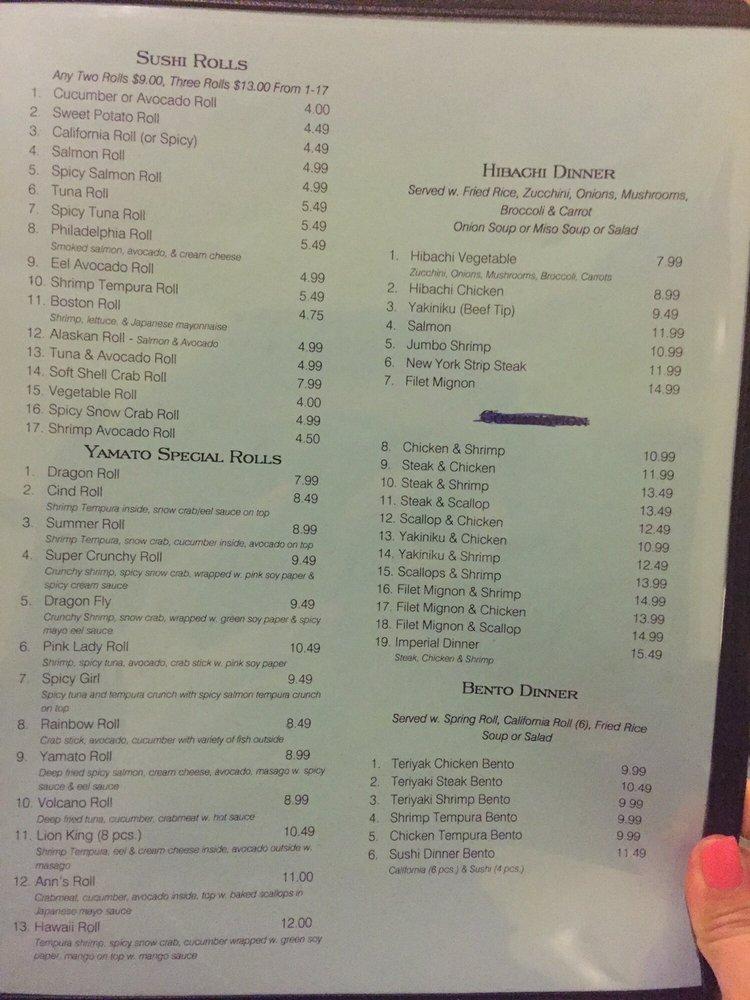 Menu at Yamato Japanese Steak House restaurant, Frostburg