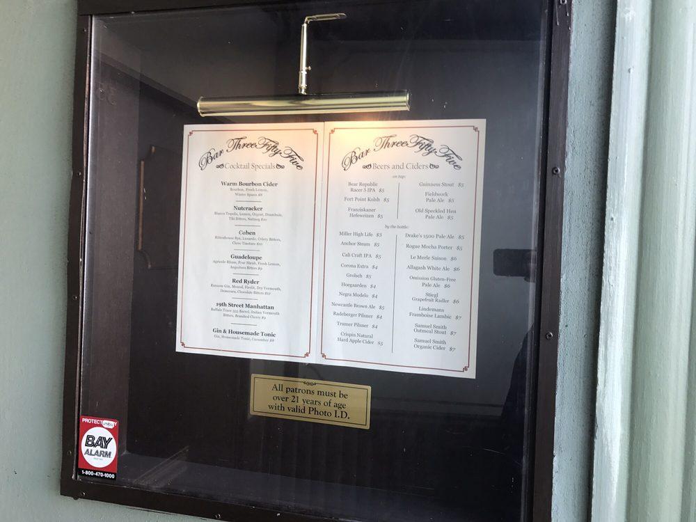 Menu at Bar 355, Oakland