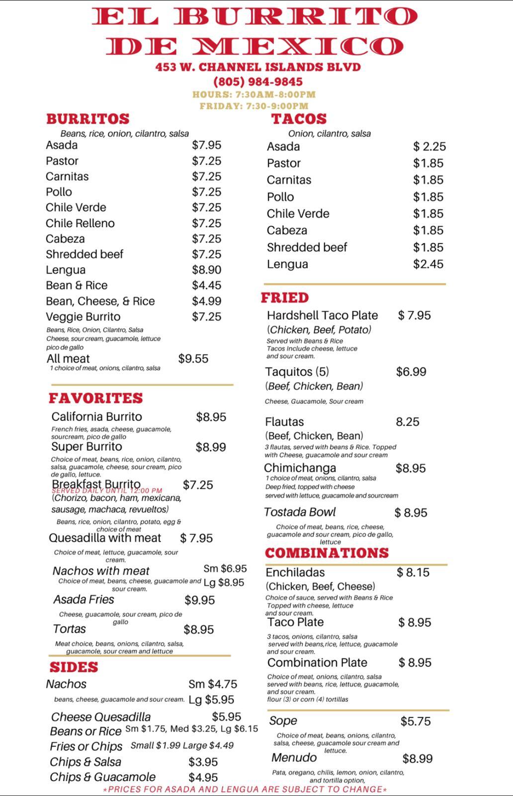 Menu at El Burrito de Mexico restaurant, Port Hueneme